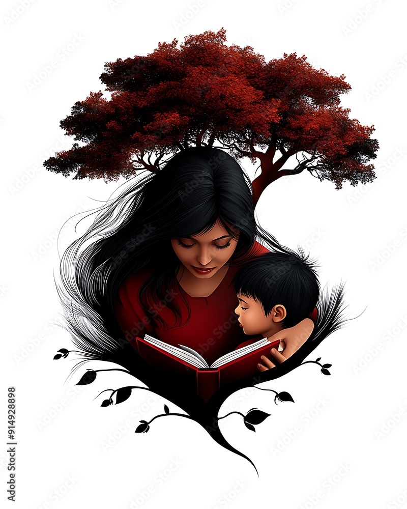 Adoptive mother reading to her child under a tree, symbolizing nurturing care and emotional ...