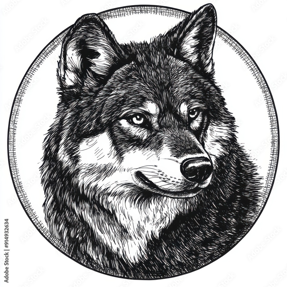 Black and white Vintage engraved art of a timber wolf in a circular ...