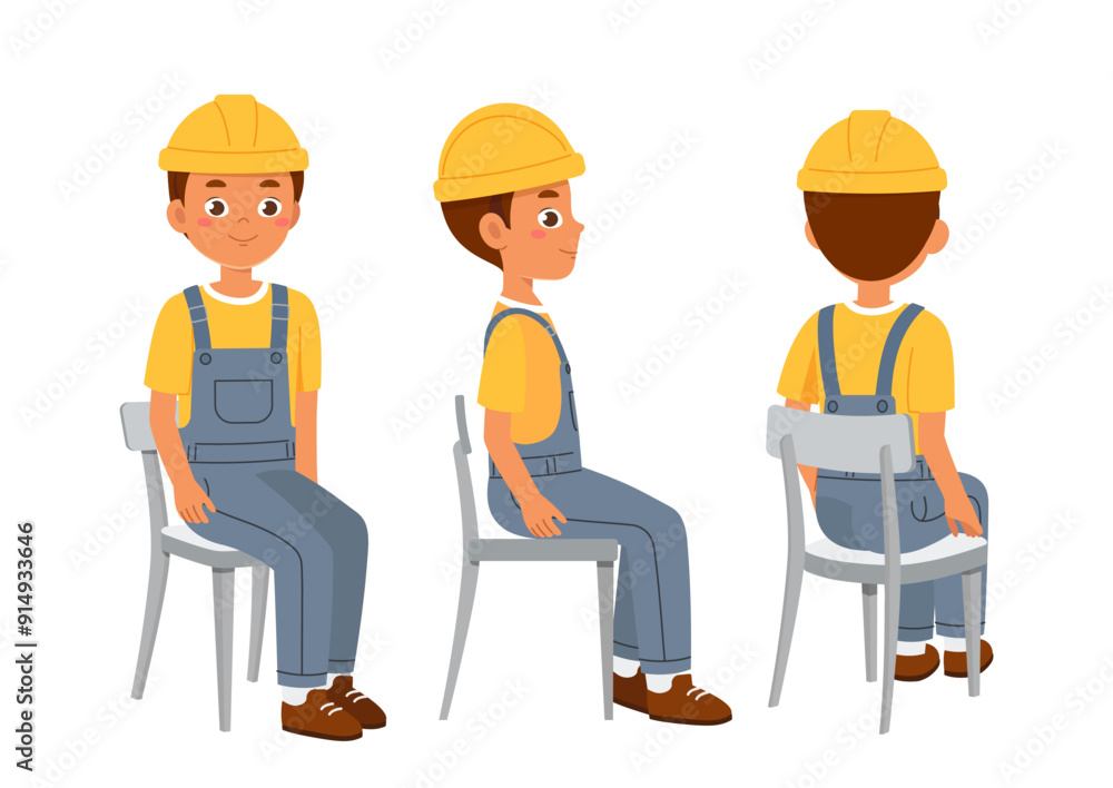 Male worker constructor. Man in hardhat sitting on chair. Kit for ...