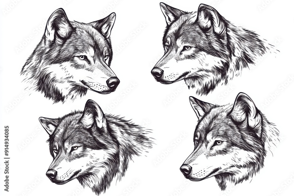 Black and white Vintage engraved art of set of different angles of wolf ...