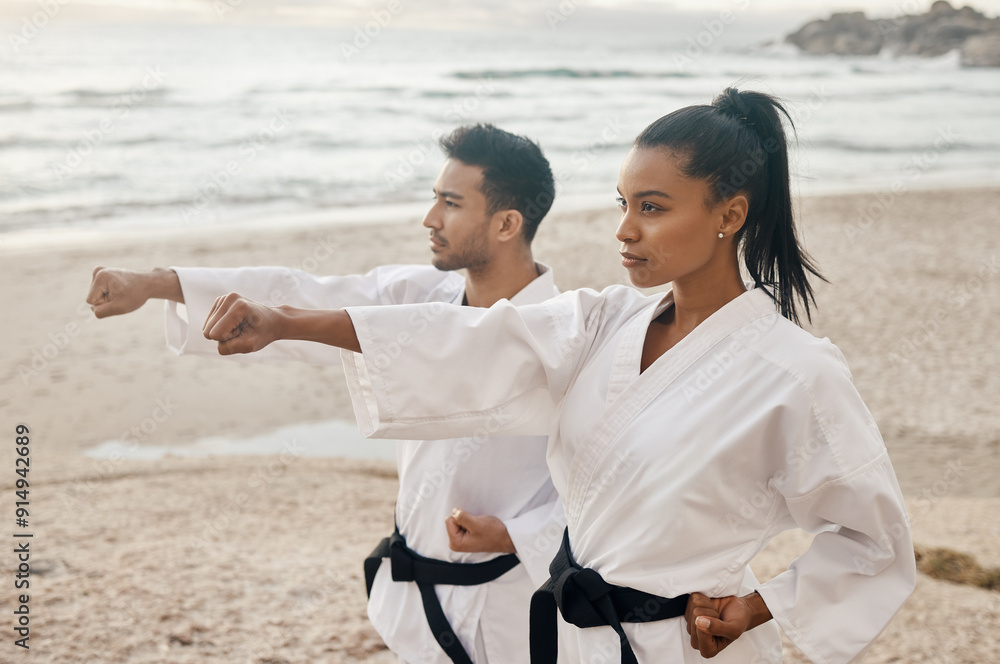 People, karate and beach with kata for martial arts, training or self ...