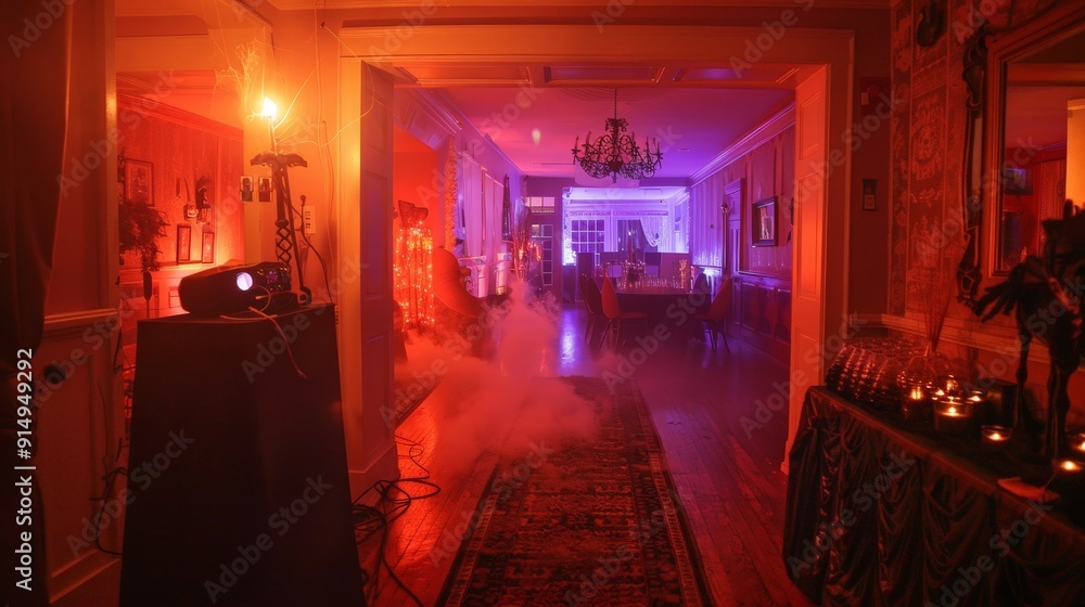 Design a haunted house party setting, with spooky props, fog machines ...