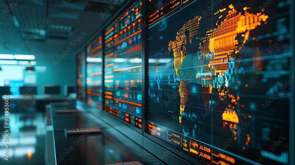 A crisp photograph of a digital map showing global stock exchanges ...