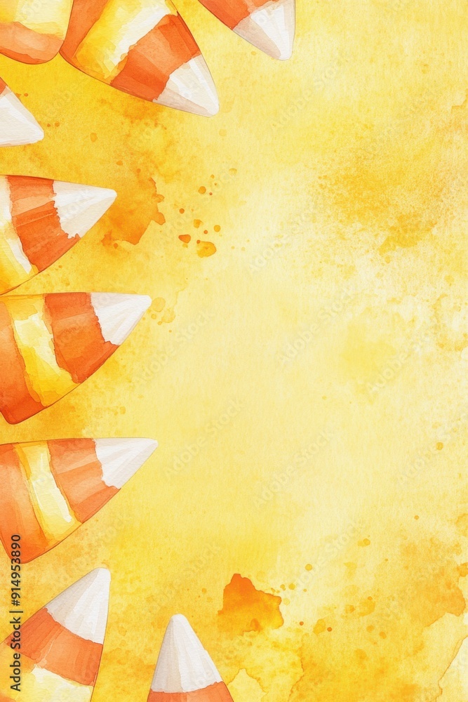 Watercolor candy corn scattered on one side, with copy space on the ...