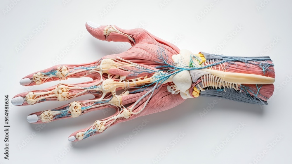 Detailed anatomical model of a human hand showing bones, muscles, and ...