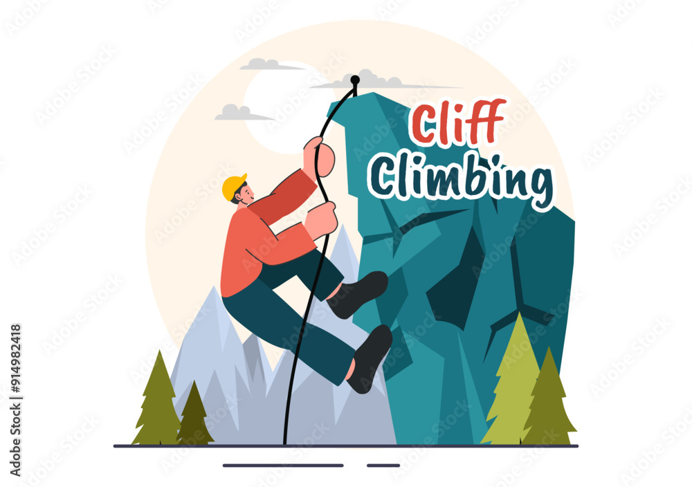 Vector Illustration of Cliff Climbing Featuring a Climber Ascending a ...