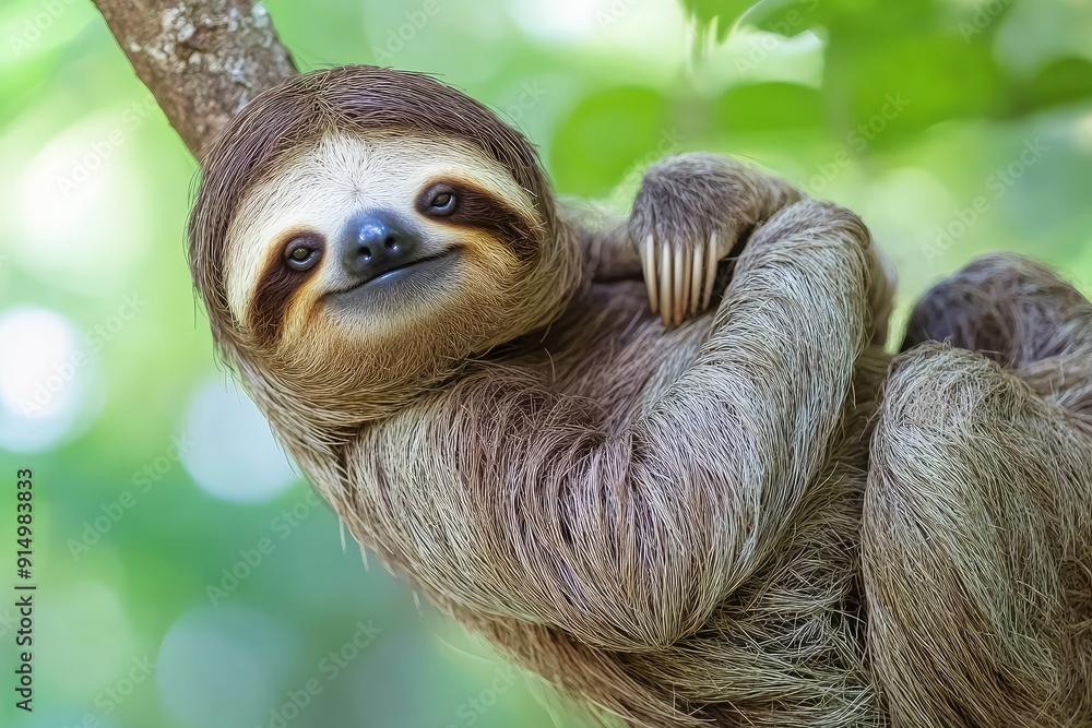 Funny sloth hanging on tree branch, cute face look, perfect portrait of ...
