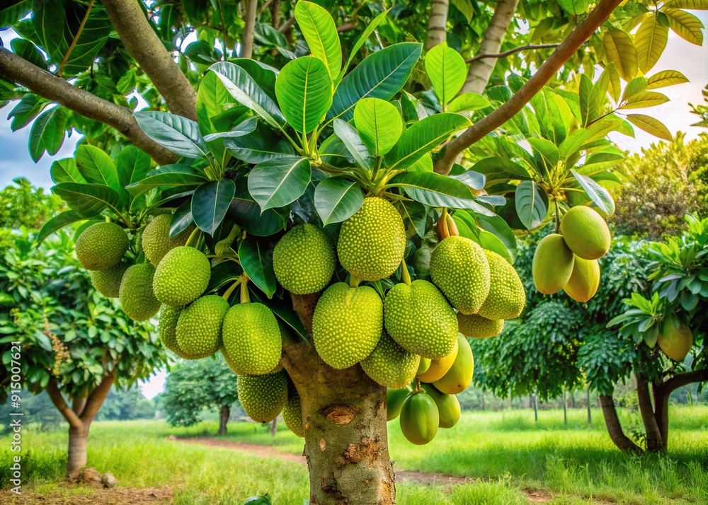 Vibrant green Kali Kathal leaf and fruit of a medium-sized jackfruit ...