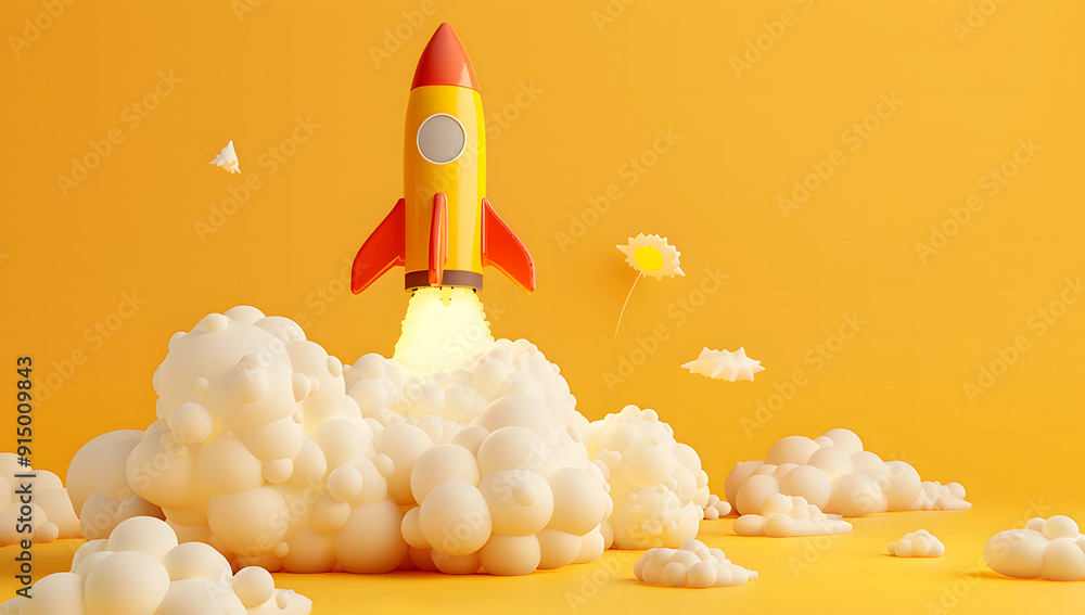 Minimalistic 3D rocket taking off, low poly clouds on a soft yellow ...