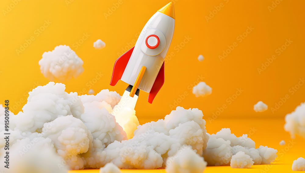 Minimalistic 3D rocket taking off, low poly clouds on a soft yellow ...