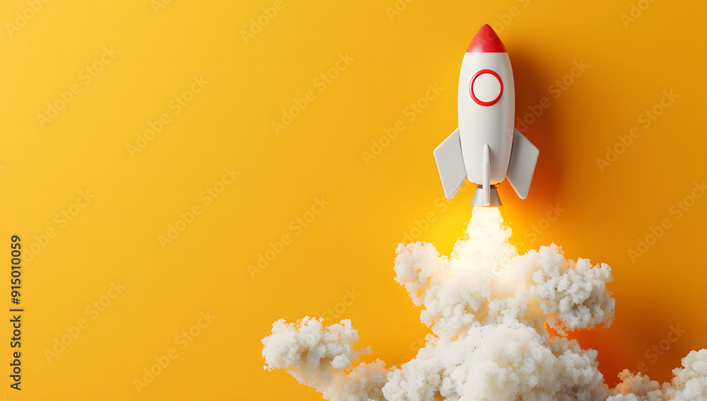 Minimalistic 3D rocket taking off, low poly clouds on a soft yellow ...