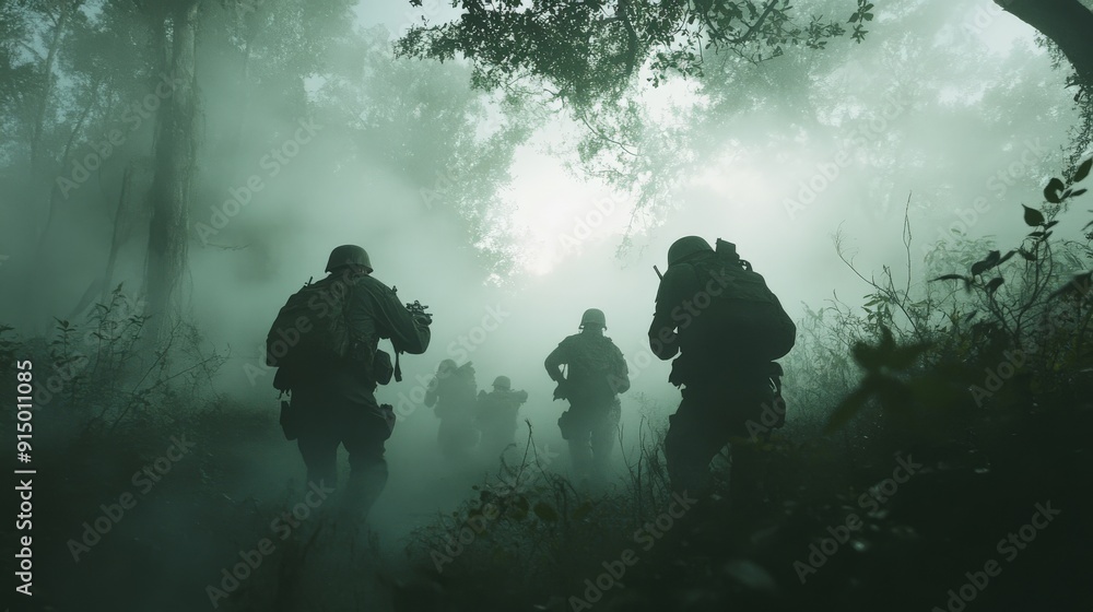 On a foggy battlefield, soldiers in military uniforms and helmets push ...