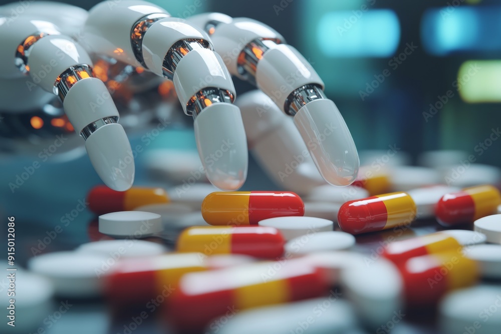 Robotic hand selecting pills from a mixed pile symbolizing the ...