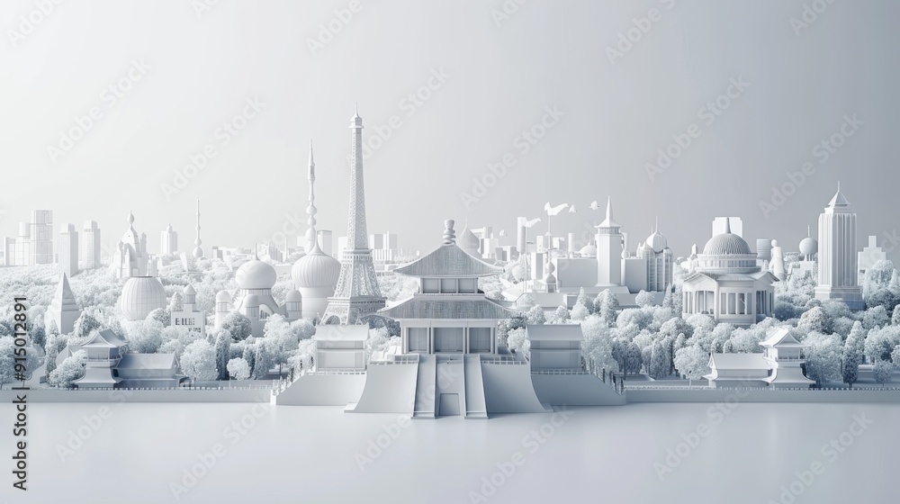 A minimalist 3D blender composition featuring landmarks such as the ...