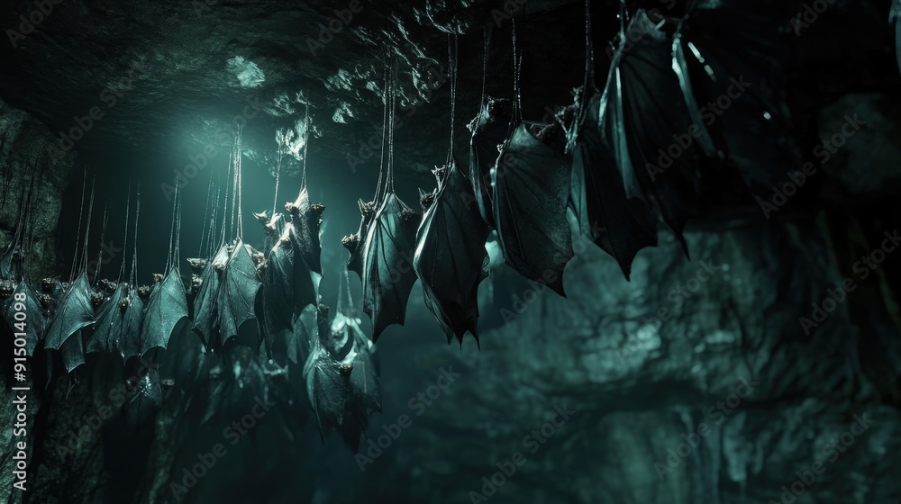 In the depths of the cave, bats with detailed wings and feathers hang ...