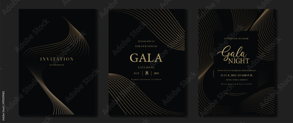 Luxury invitation card background vector. Golden elegant wavy gold line ...