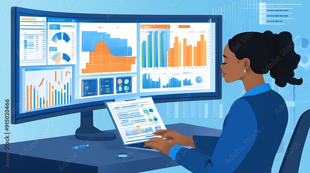 A young Black woman focused on analyzing business data on multiple ...