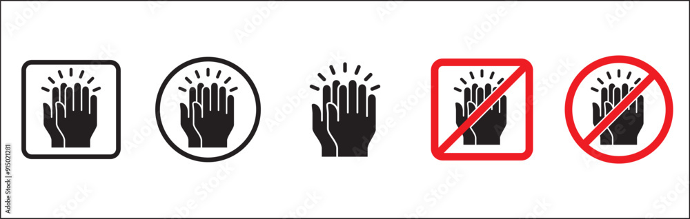 Forbidden hand clapping icons. No applaud signs. Keep silent, quiet ...