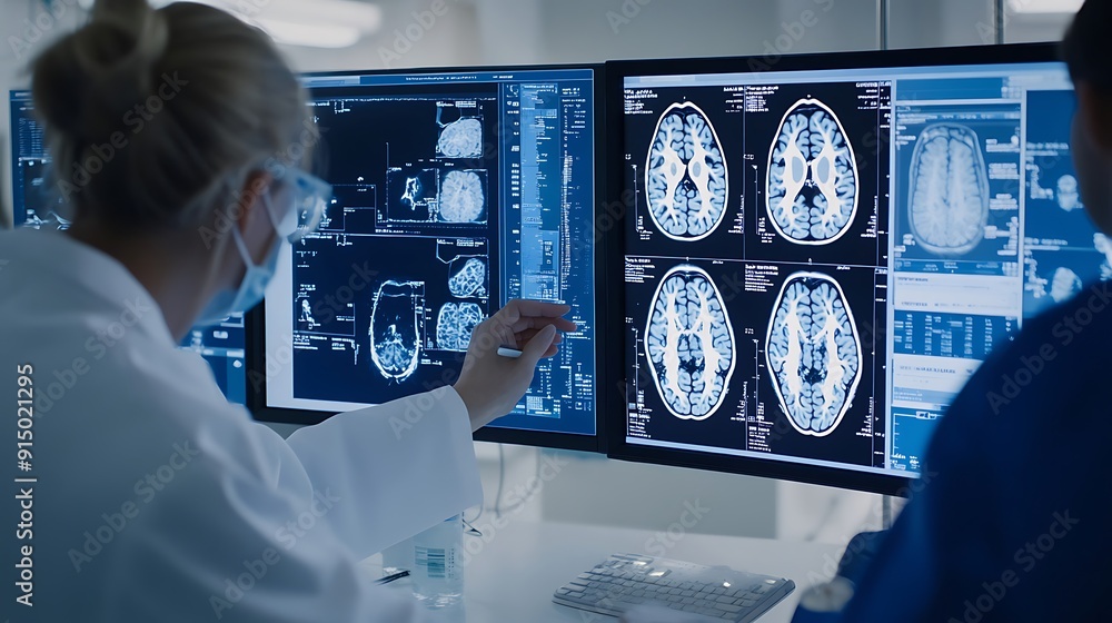 A female healthcare professional analyzing MRI scans on dual screens ...
