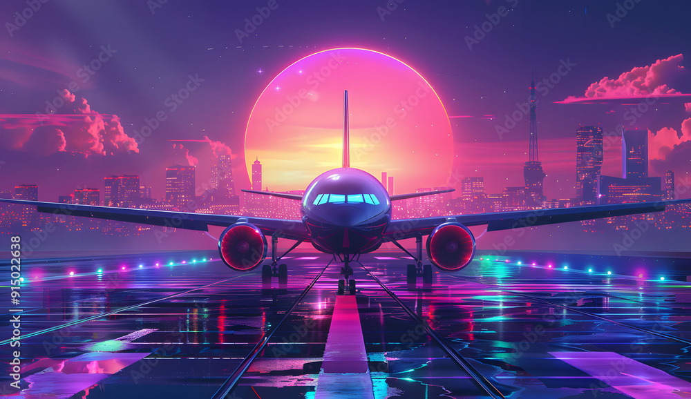 Retro 1980s synth-wave glowing neon lights plane with sun and city ...