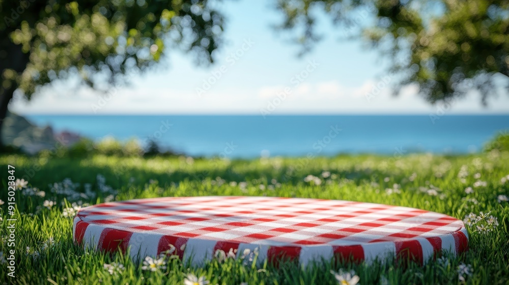 Empty White podium on Red white checkered picnic mat on green grass ...