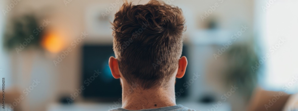 A man's head faces backward, revealing his nape, in front of a living ...