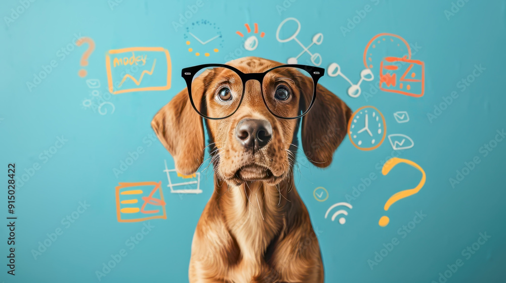 Curious and perplexed dog has a lot of questions, confused dog student ...