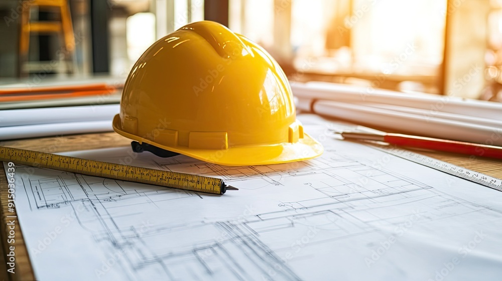 Construction workspace featuring a bright yellow hard hat, detailed ...