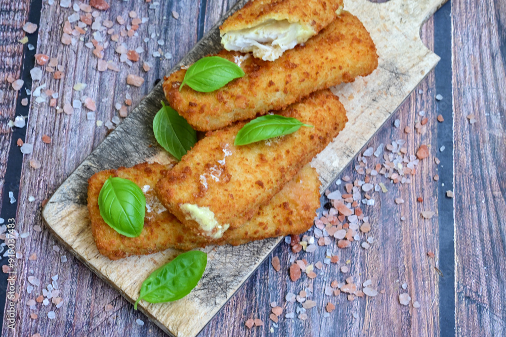 Close up of Crispy breaded deep fried fish fingers with breadcrumbs ...