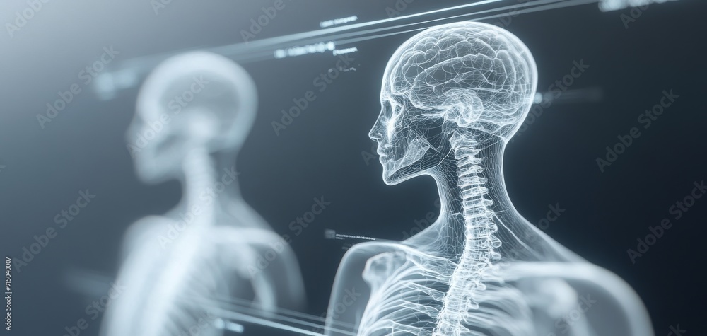 Digital illustration of human skeletal system showing anatomy and spine ...