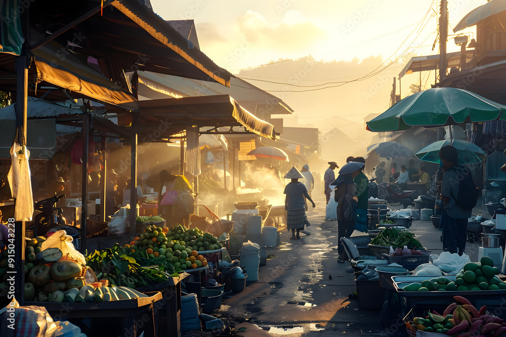 Sunrise Market Scene - A Realistic Photo of a Bustling Street Market ...