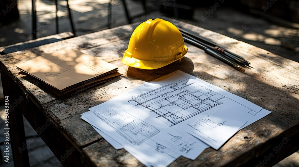 Yellow hard hat, blueprint documents, and essential drafting tools laid ...