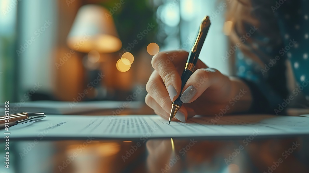 A detailed shot of a hand signing a non-disclosure agreement, luxury ...