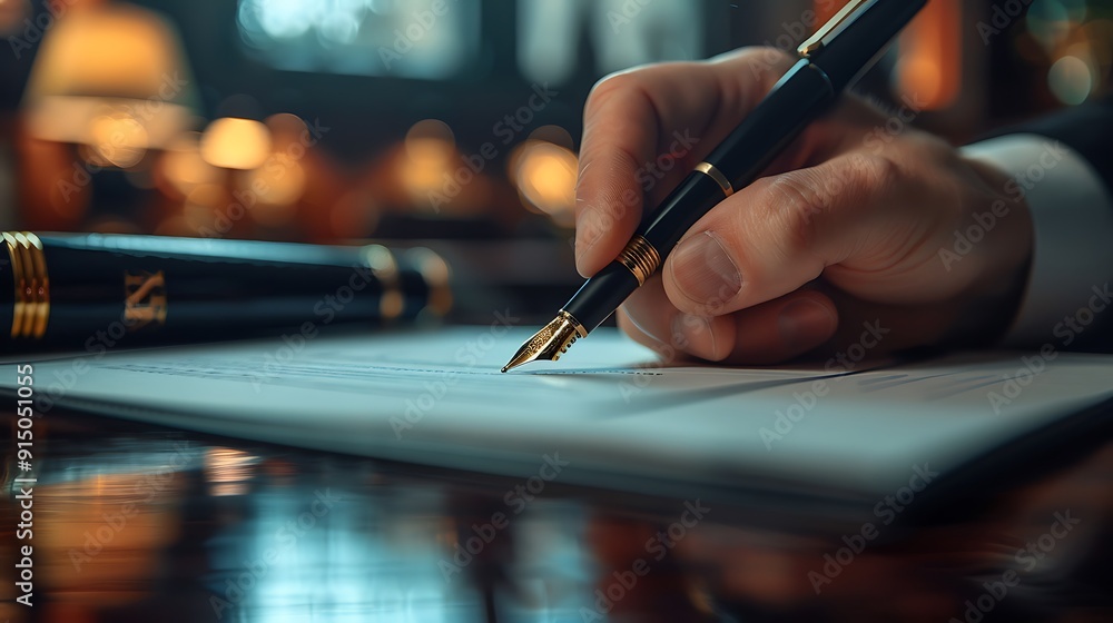 A detailed shot of a hand signing a non-disclosure agreement, luxury ...