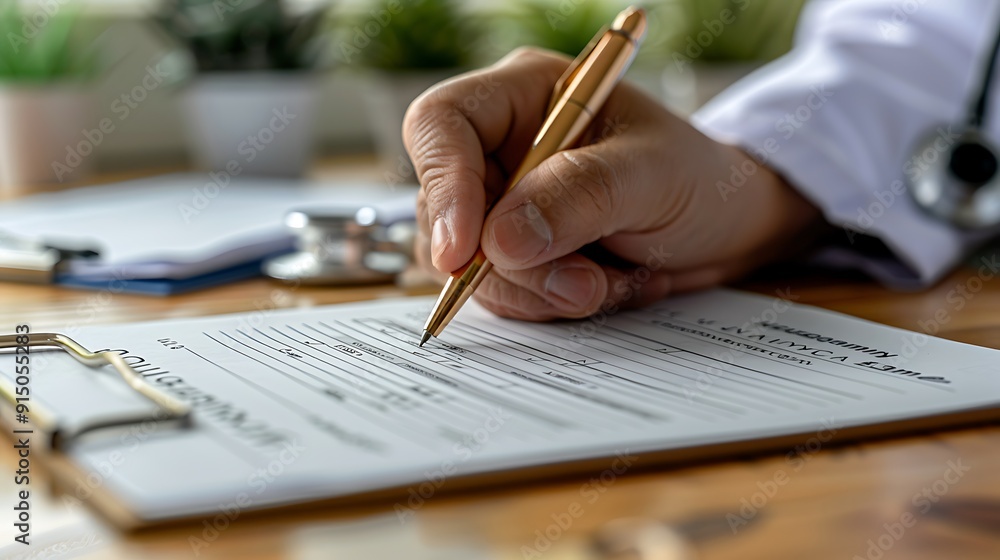 Hand signing a medical consent form with a luxury pen, office ...