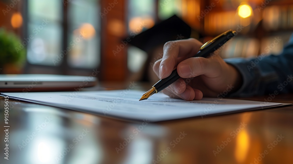 Hand signing a scholarship acceptance letter with a luxury pen, study ...
