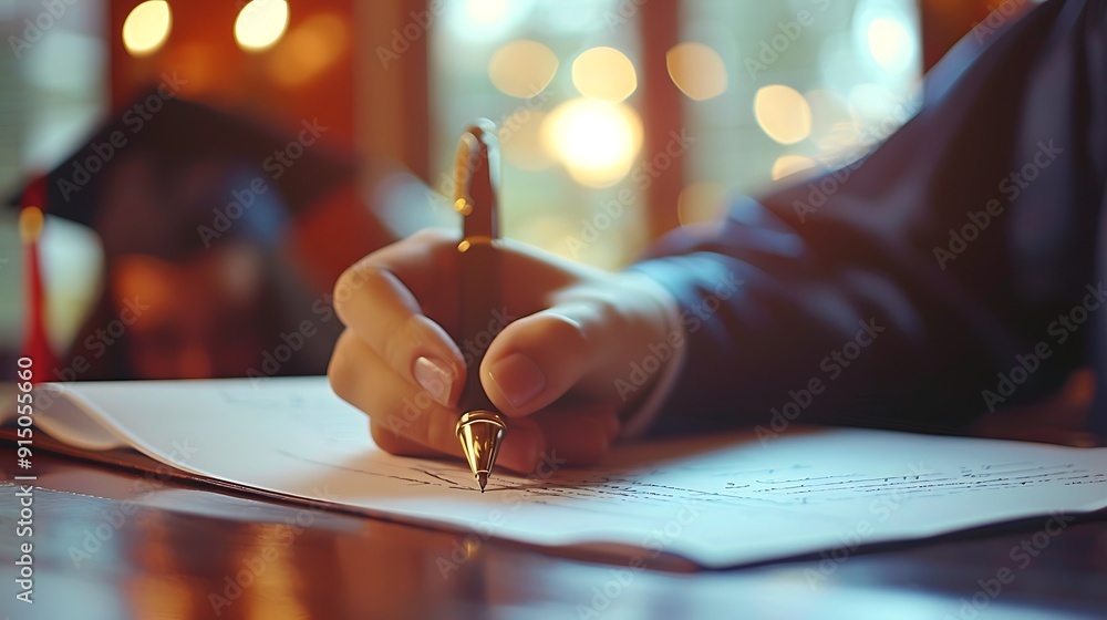 Hand signing a scholarship acceptance letter with a luxury pen, study ...
