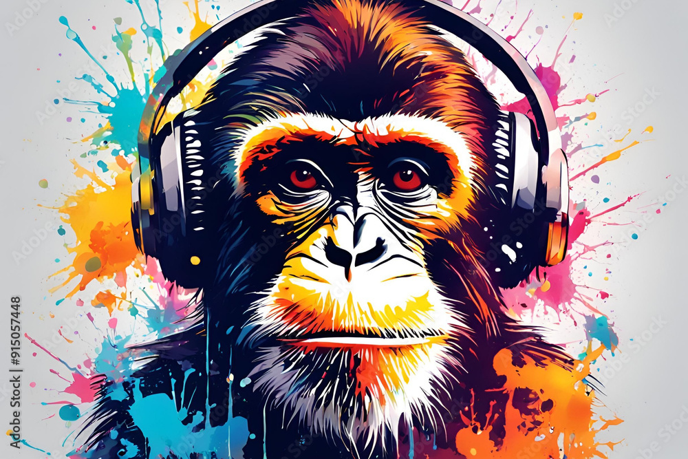Abstract background with monkey in headphones and sunglasses at bright ...