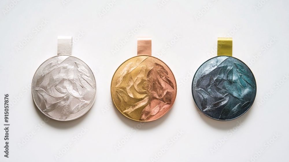 ภาพประกอบสต็อก Three medals-gold, silver, and bronze-arranged in a ...