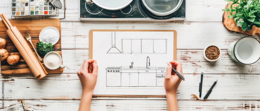 Hands holding notepad with creative kitchen design blueprint sketch or ...