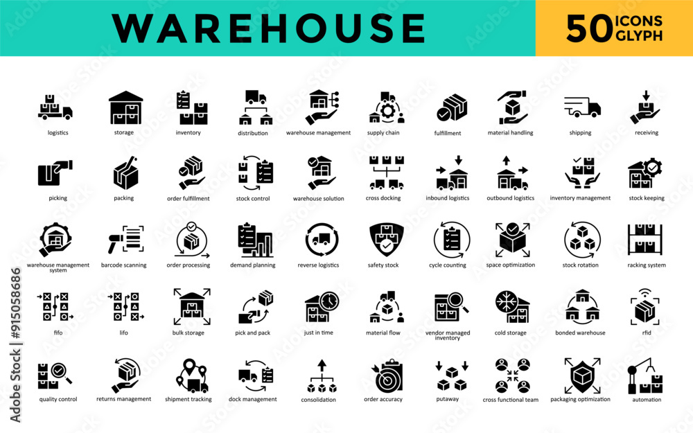 Warehouse icons set with logistics, storage, inventory, distribution ...