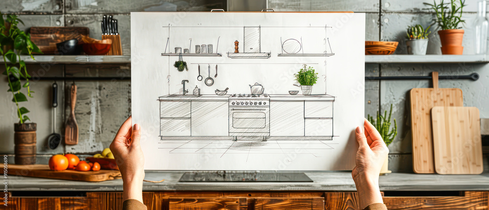 Hands holding notepad with creative kitchen design blueprint sketch or ...