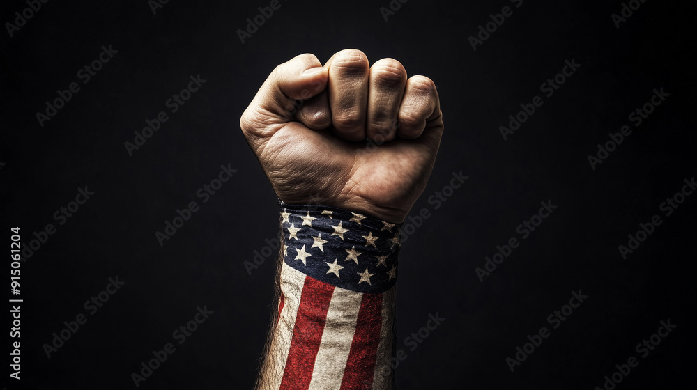 The raised fist wrapped in the American flag symbolizes unity, strength ...