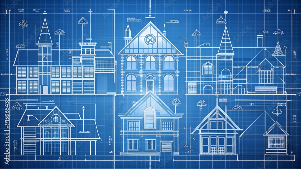 Blueprint Architectural Design 7 Houses, Blue Grid, Detailed Floor ...