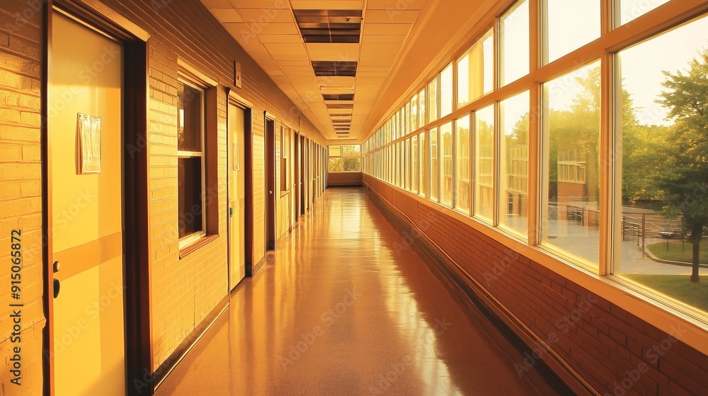 A quiet school corridor with a few classroom doors on one side and a ...
