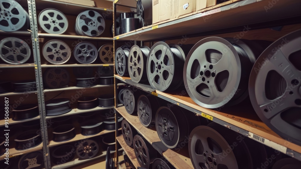Rows of film reels stored neatly on wooden shelves in a well-organized ...