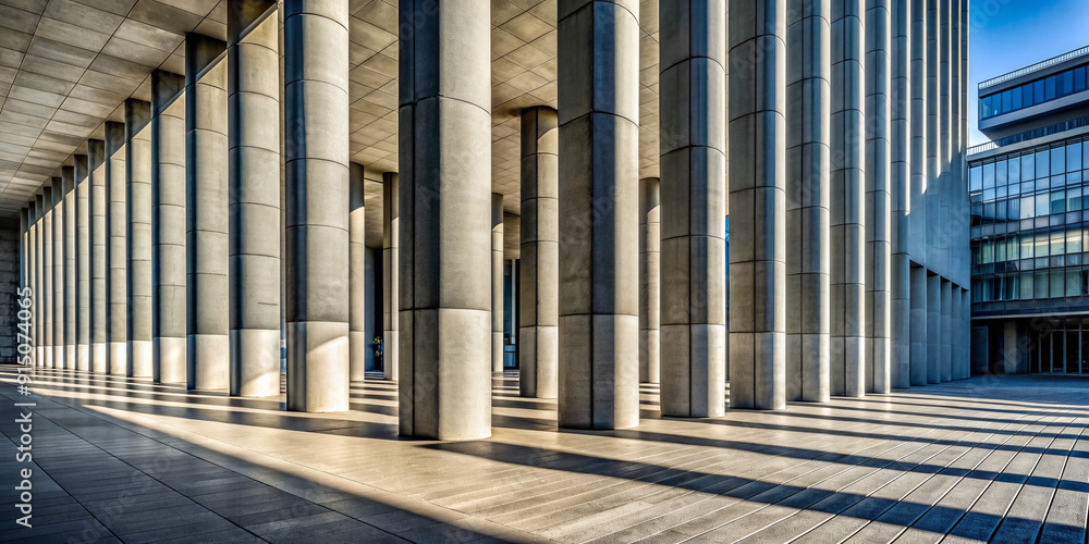 Strong concrete columns cast deep shadows against a modern building's ...