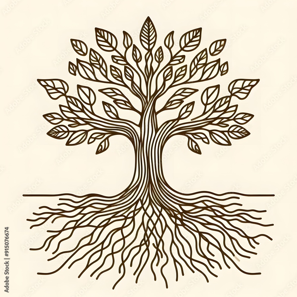 Stylized line drawing of a tree with intertwining roots, representing ...