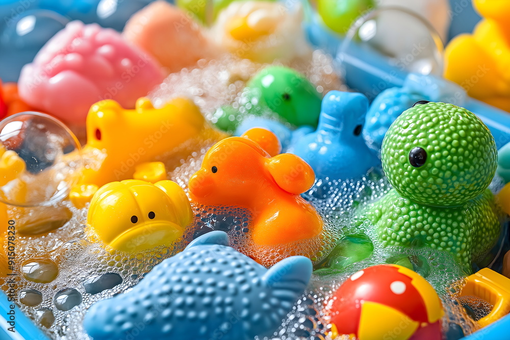 Vibrant collection of bath toys in soapy water, featuring rubber ducks ...