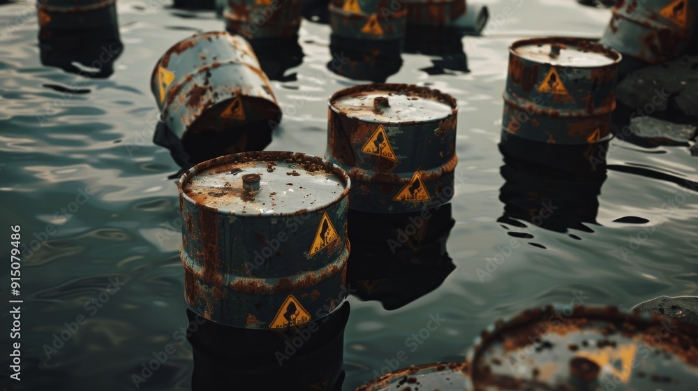 Rusted barrels with hazard symbols drift on water, representing ...